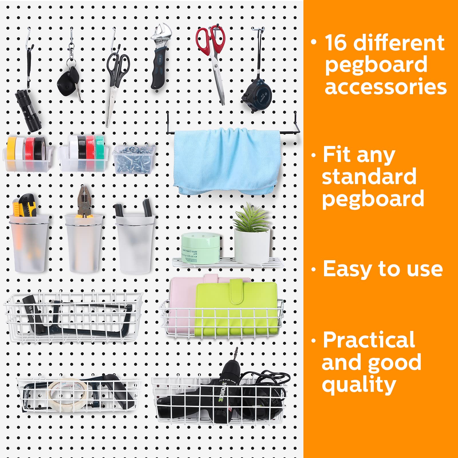 95 Pieces Pegboard Accessories Set Including Pegboard Storage Basket with Hooks Pegboard Cups with Holder Wire Shelf Tissue Storage Box Clothes Board for Garage Storage Craft Workshop (Black)