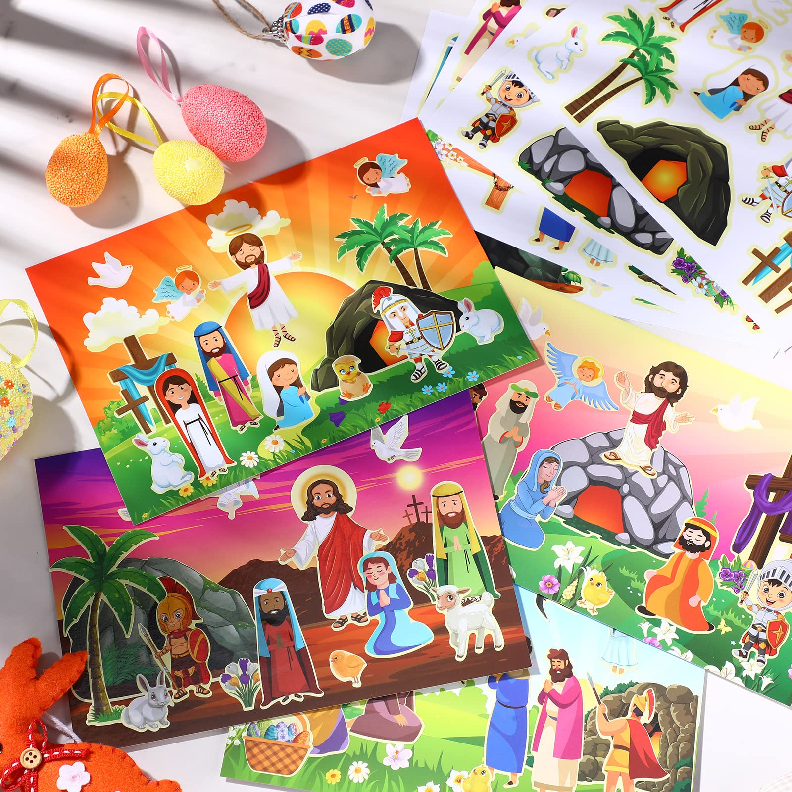64 Sheets Religious Easter Sticker He Lives Scenes Craft Kit for Kids Resurrection Stickers Sunday School Classroom Craft He is Risen Scene for Kids Party Game Easter Art DIY Project Supplies