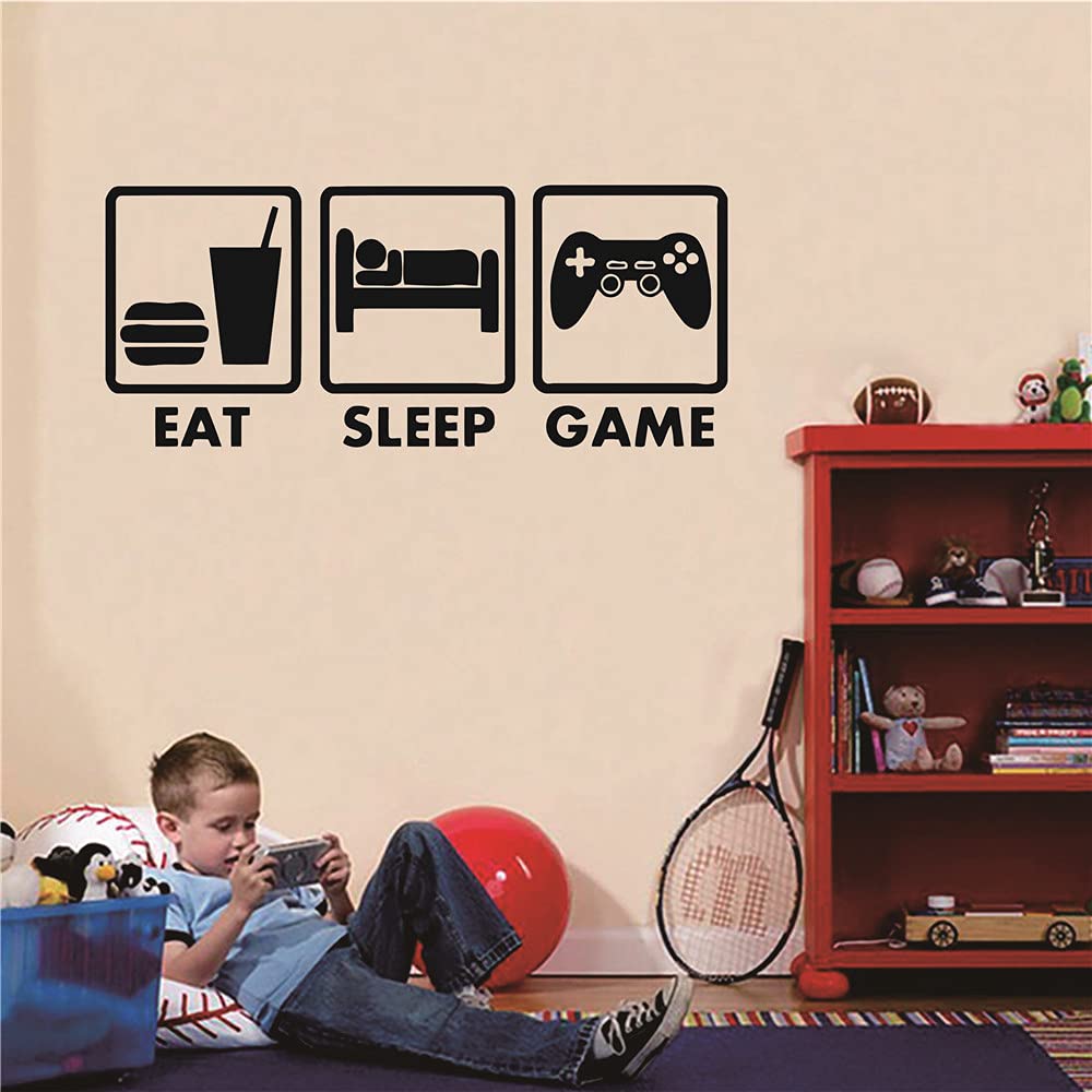 Boys Room Controller Joysticks Wall Sticker Quotes Eat Sleep Games Letter Art Wall Decor Sticker for Kids Boys Room Play Room Art Decal Y-212 (Black, 57X25CM)