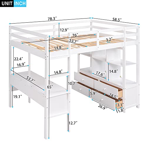 BIADNBZ Full Size Loft Bed with Built-in Desk and 2 Drawers, Wooden High Loftbed Frame w/Storage Shelves, Cabinets and Guardrails, for Kids Teens Adults, White