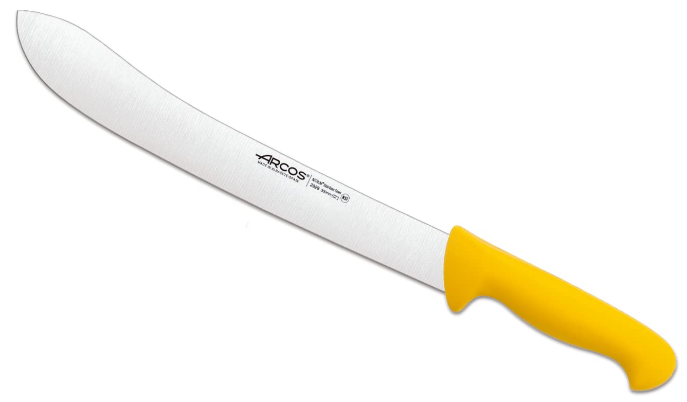 Arcos Butcher Knife 12 Inch Nitrum Stainless Steel and 300 mm blade. Professional Cooking Knife For Cutting Meat, Fish and Vegetables. Ergonomic Polyoxymethylene Handle. Series 2900. Color Yellow