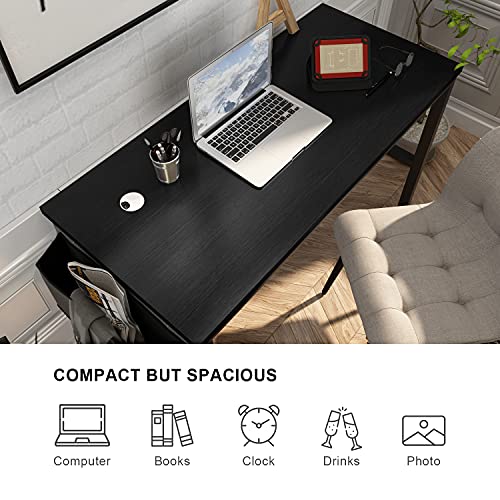 AWQM Modern Home Office Desk, Computer Desk with Side Bag, Storage Shelves and Iron Hook, Work Table, Study Writing Table, Gaming Desk, Workstation for Small Spaces, Black