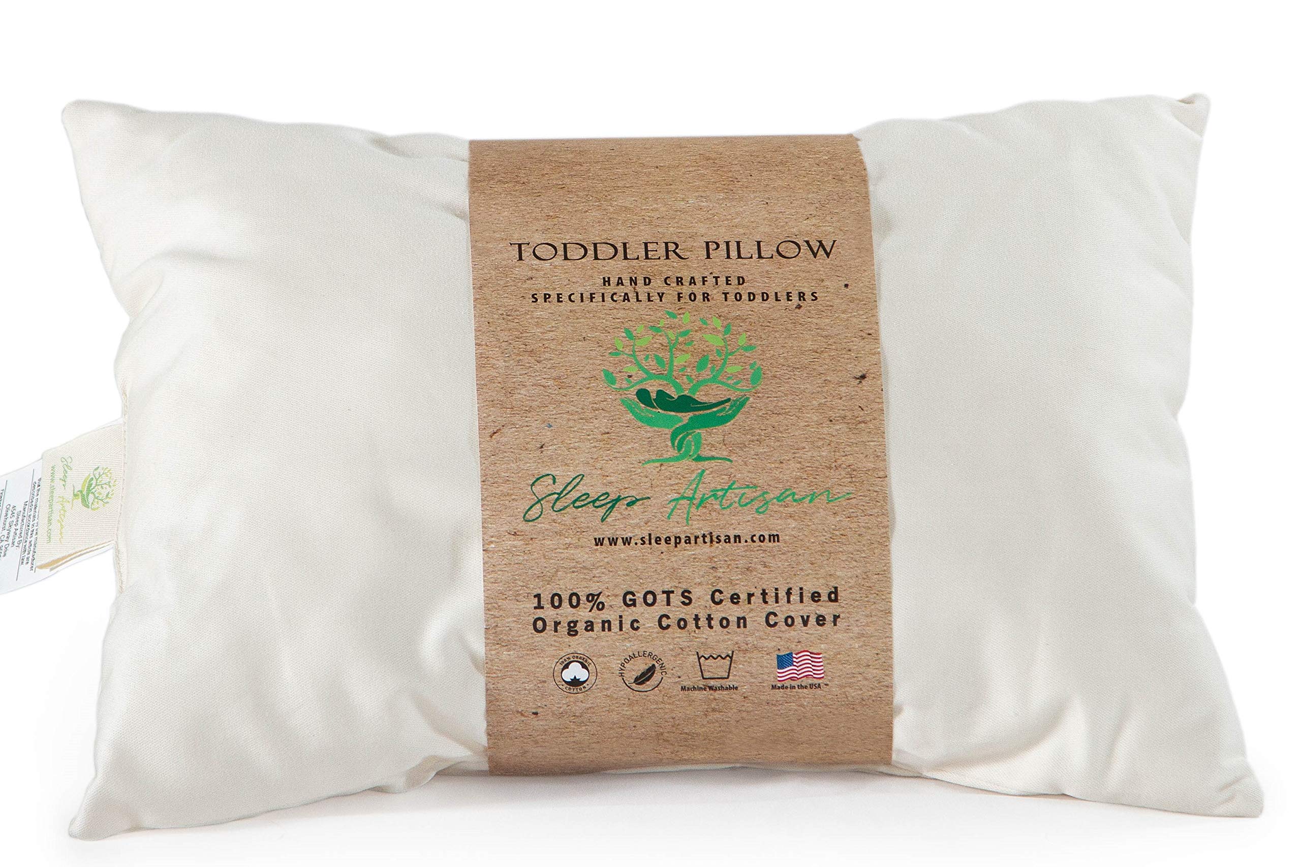 Sleep Artisan Organic Toddler Pillow - Machine Washable Organic Cotton Cover with Safe Toxic-Free Fill, Kids Small Toddler Pillow for Travel & Napping, Handmade in USA, 13" x 18"