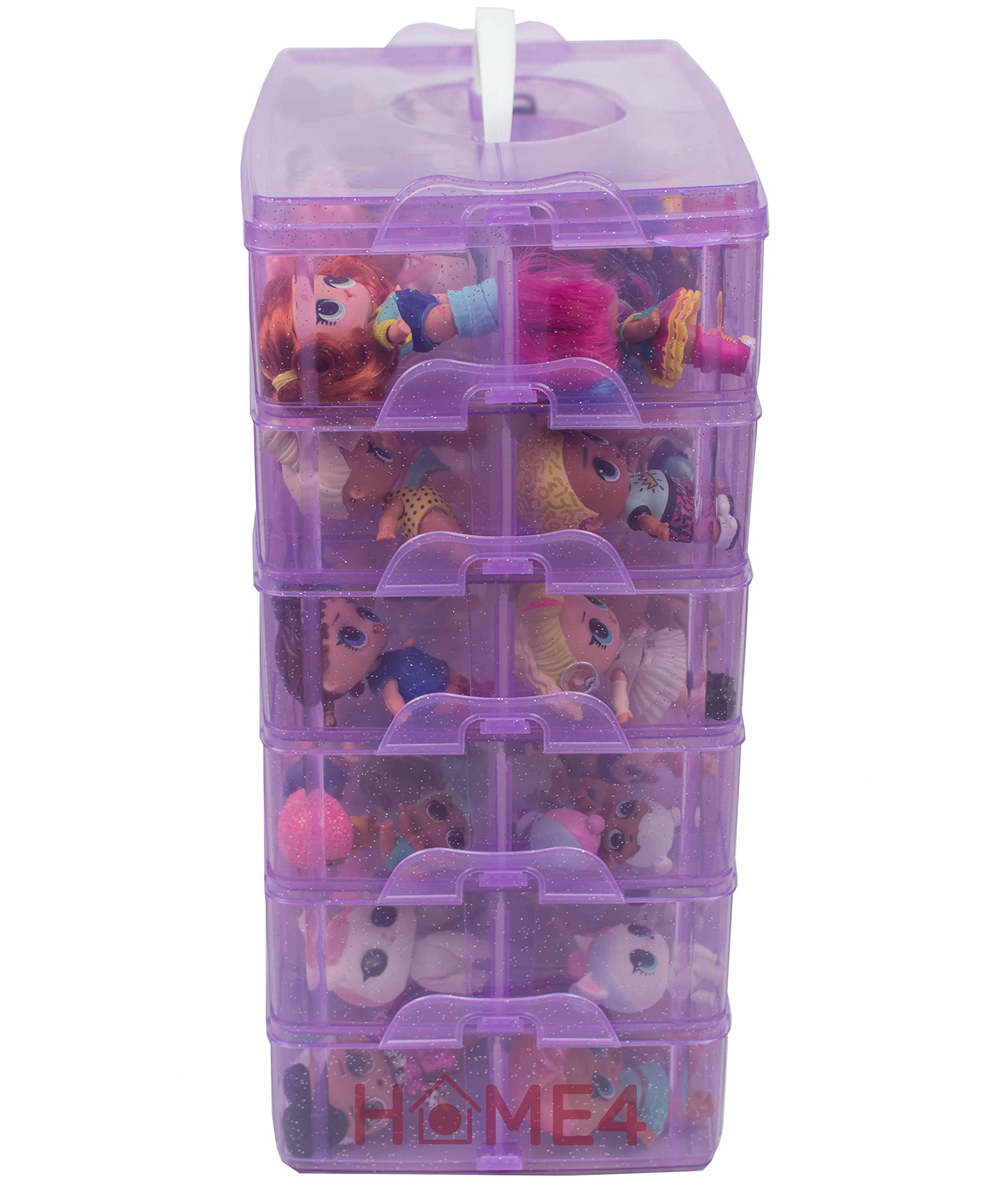HOME4 No BPA 60 Adjustable Compartments 6 Layers Stackable Storage Container Organizer Carrying Display Case, Compatible with Small Toys Lol, Shopkins, Omg (Dolls Not Included) (Purple)