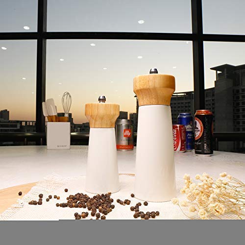 Salt and Pepper Grinders White Salt Shaker Wooden Pepper Salt Grinder Set Pepper Mill - Stainless Ceramic Refillable for Sea Salt Black Pepper - 5" And 6" Christmas Gift Set By Tessïe & Jessïe