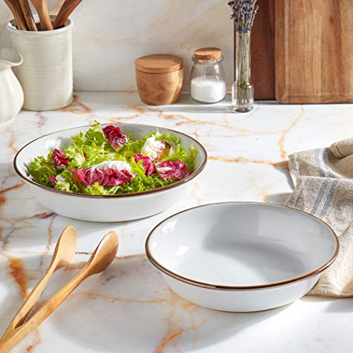 Tabletops Gallery Speckled Farmhouse Collection- White Brown Stoneware Serving Bowl Platter, 2 Piece Geneva Nesting Oval Bowl Set