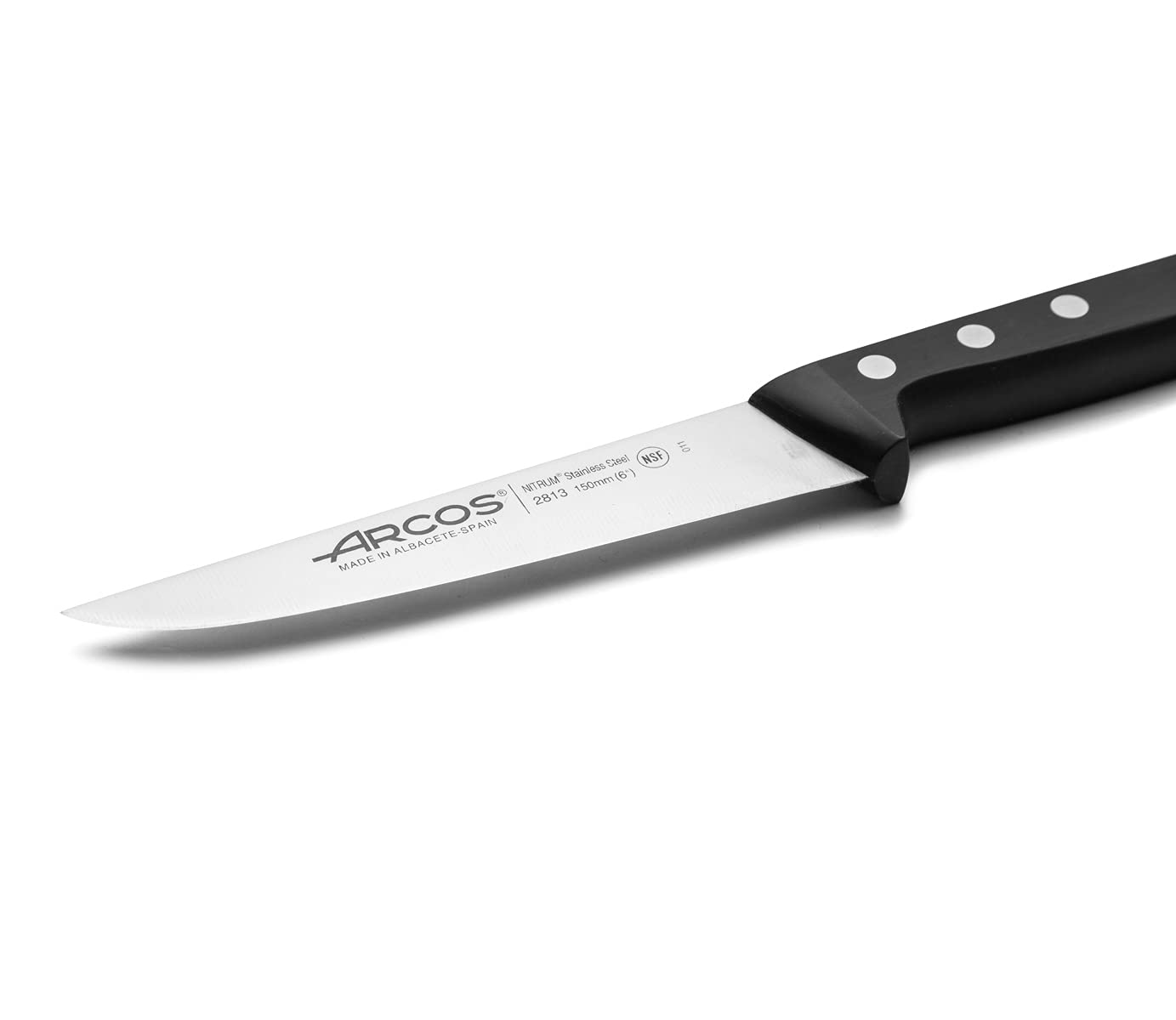Arcos Kitchen Knife 6 Inch Nitrum Stainless Steel and 150 mm blade. Professional Utilty Knife. Ergonomic Polyoxymethylene POM Handle. Series Universal. Color Black