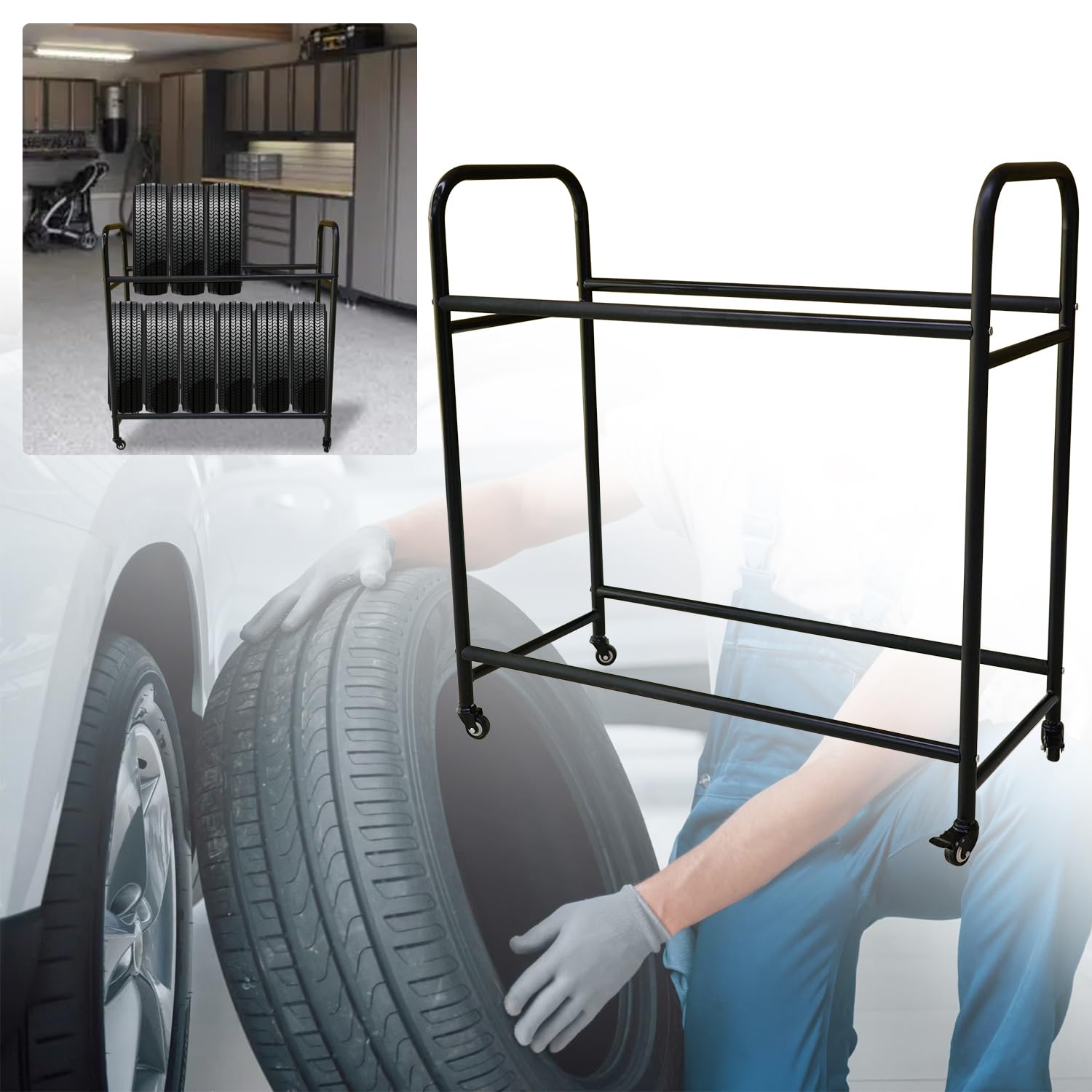 DIYTUNINGS Rolling Tire Cart Rack Organizer, Heavy Duty Mobile Tire Holder for Garage Storage, Adjustable Tire Stand Indoor/Outdoor with 2 Universal Wheels Shelves