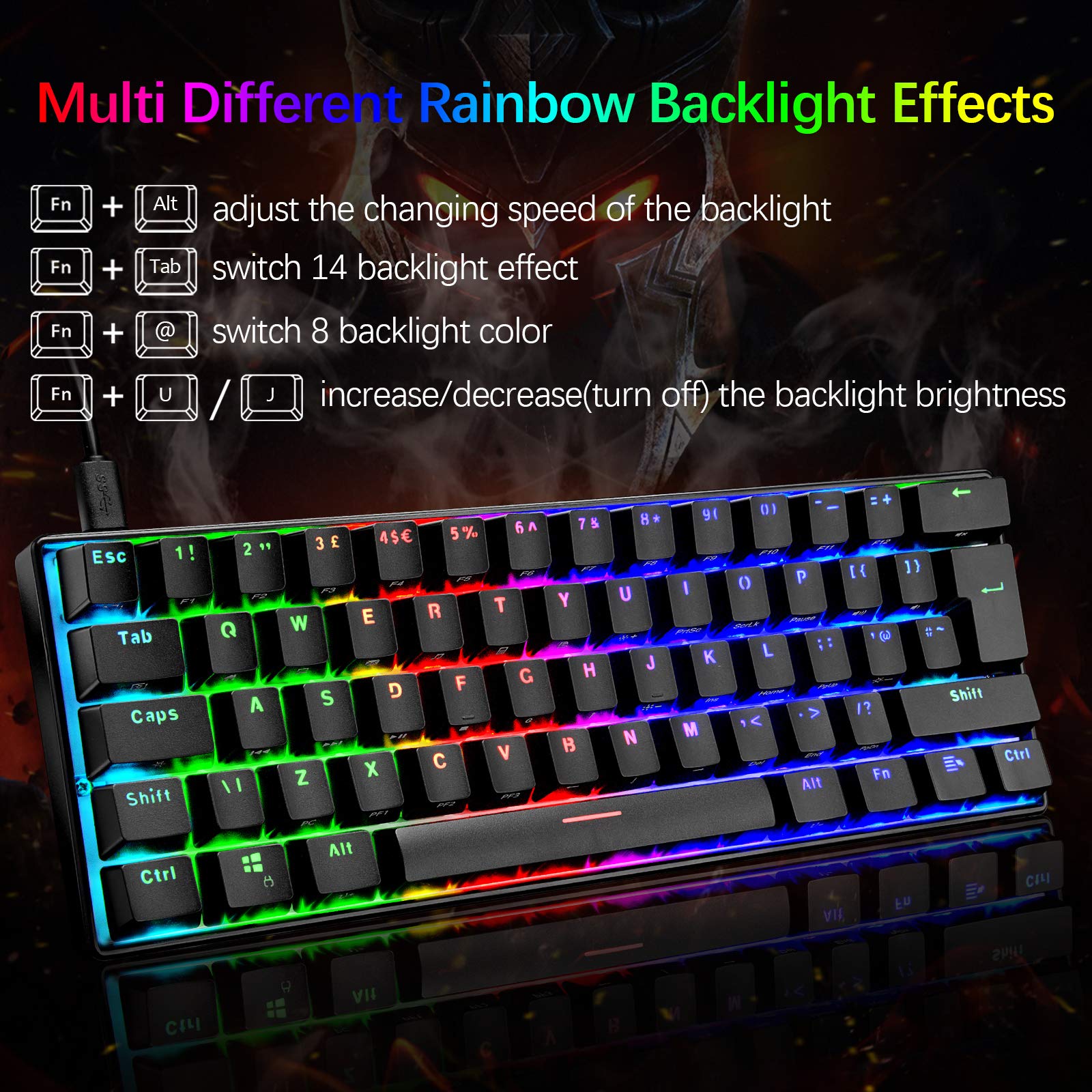60% Mechanical Gaming Keyboard Mouse and Headset Combo with Rainbow Backlit Anti-ghosting 61 Key Adjustable Microphone 6400DPI Honeycomb Mice USB Wired for PC Mac Gamer Typist(Black RGB/Brown Switch)