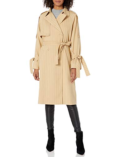 A|X Armani Exchange Women's Pinstriped Notched Collar Trench Coat, Toffee with Blueberry Jelly Stripes, L