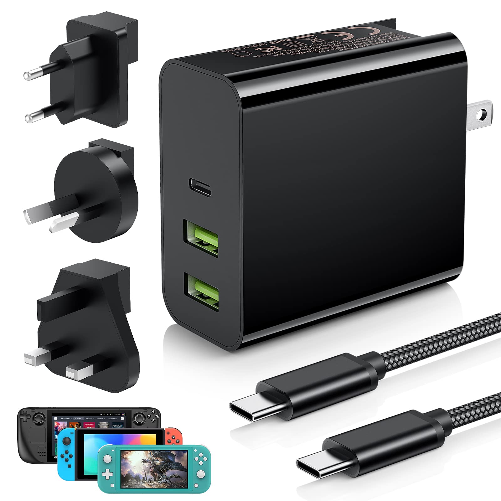 65W 3-Port Wall Charger for Steam Deck, YUANHOT USB C Travel Charger PD Power Adapter with 6.6ft Charging Cable & 3-Pack UK/ER/AU Plugs for Console, Controller, Laptops, Tablets, Mobile Phones