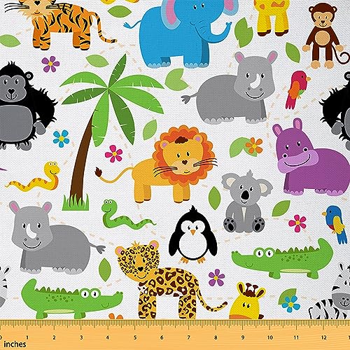 Cartoon Animals Fabric by The Yard, Colorful Zoo Upholstery Fabric, Tropical Plants Decor Fabric, Leopard Koala Lion Tiger Indoor Outdoor Fabric, Cute Kids DIY Waterproof Fabric, Green Red, 2 Yards