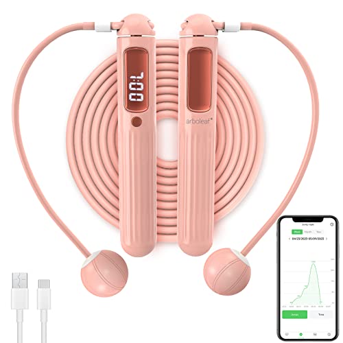 arboleaf Smart Jump Rope, Cordless & Rechargeable Jump Ropes for Fitness with Counter, App Data Analysis Jumping Rope, Adjustable Anti-Tangle PVC Pink Jump Rope for Men, Women, Kids - Indoor/Outdoor
