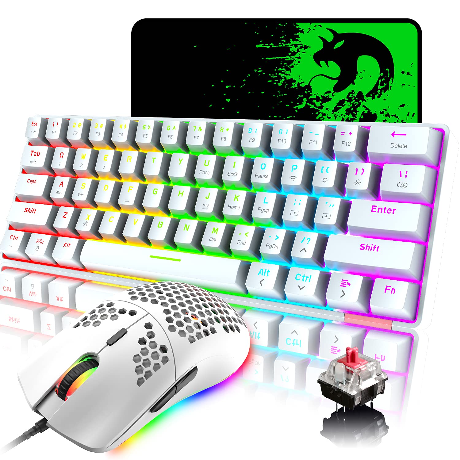 60% Wireless Mechanical Keyboard and Wired Mouse,Chroma RGB 12 LED Backlit Type C Wired 61 Keys Compact Gaming Keyboard Bluetooth 5.0 Blue Switch,RGB Gaming Mouse 6400DPI for PC Laptop Gamer (Blue)