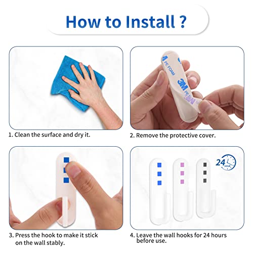 Budding Joy Wall Hooks 6 Pack, Plastic Self Adhesive Hooks for Hanging, 3M Wall Hanger Sticky Hooks, Shower Towel Hook for Bathroom Kitchen Door Home