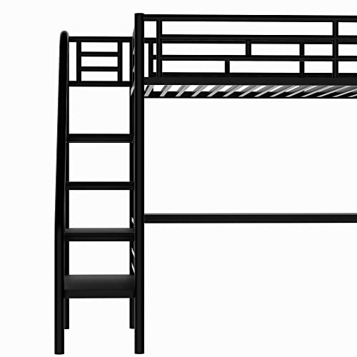 GLORHOME Metal Twin Size Loft Bed with Long Desk & Safety Stairway,Space-Saving Kids Loftbed Frame for Kids Teens Children, No Box Spring Needed, Black