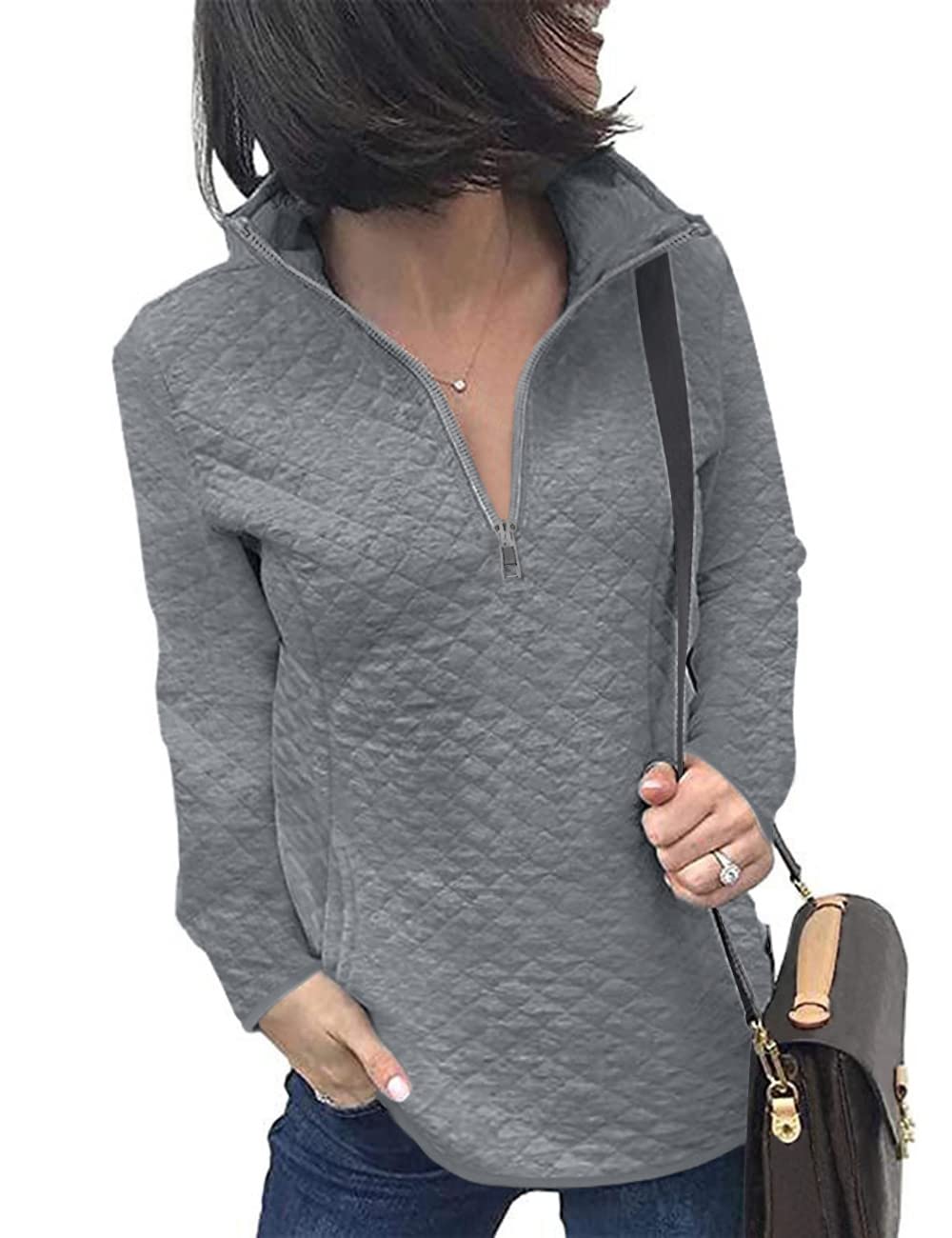AKEWEI Women Half Zipper Long Sleeve Pullover Quilted Pattern Hoodie Casual Sweatshirt Stand Collar Tops with Pocket Grey S