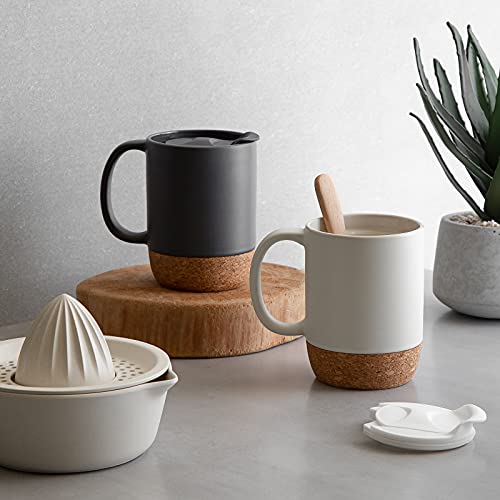 DOWAN Coffee Mugs, 15 oz Mug Set of 2, Large Ceramic Coffee Mug with Cork Bottom and Spill Proof Lid for Men, Women, Big Mug for Coffee Latte, Tea, Gifts for Graduation, Matte Grey