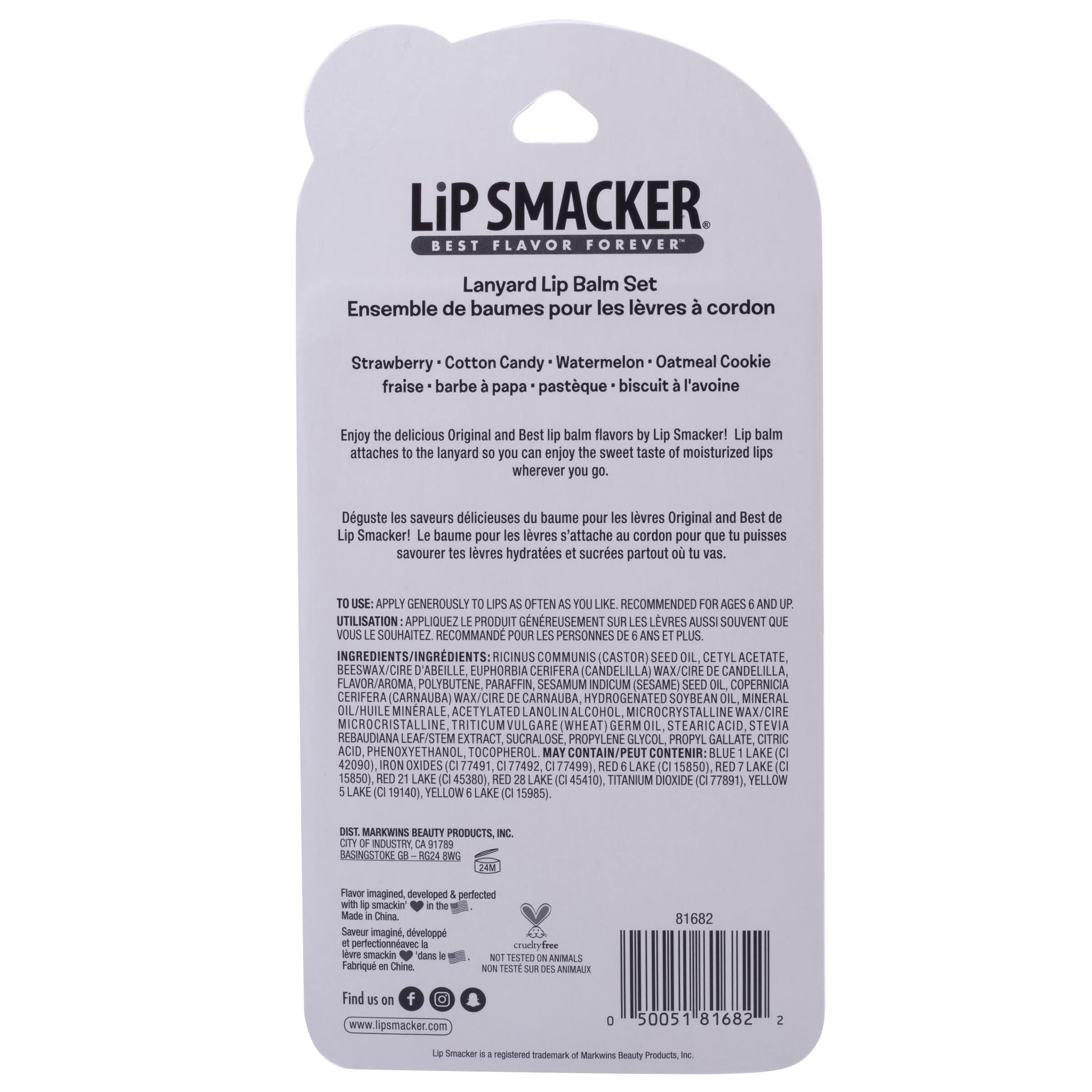 Lip Smacker Flavored Lip Balm & Pink Lanyard Set | Strawberry, Cotton Candy, Watermelon, Oatmeal Cookie Flavors | For Kids | Stocking Stuffer | Christmas Gift | Set of 4