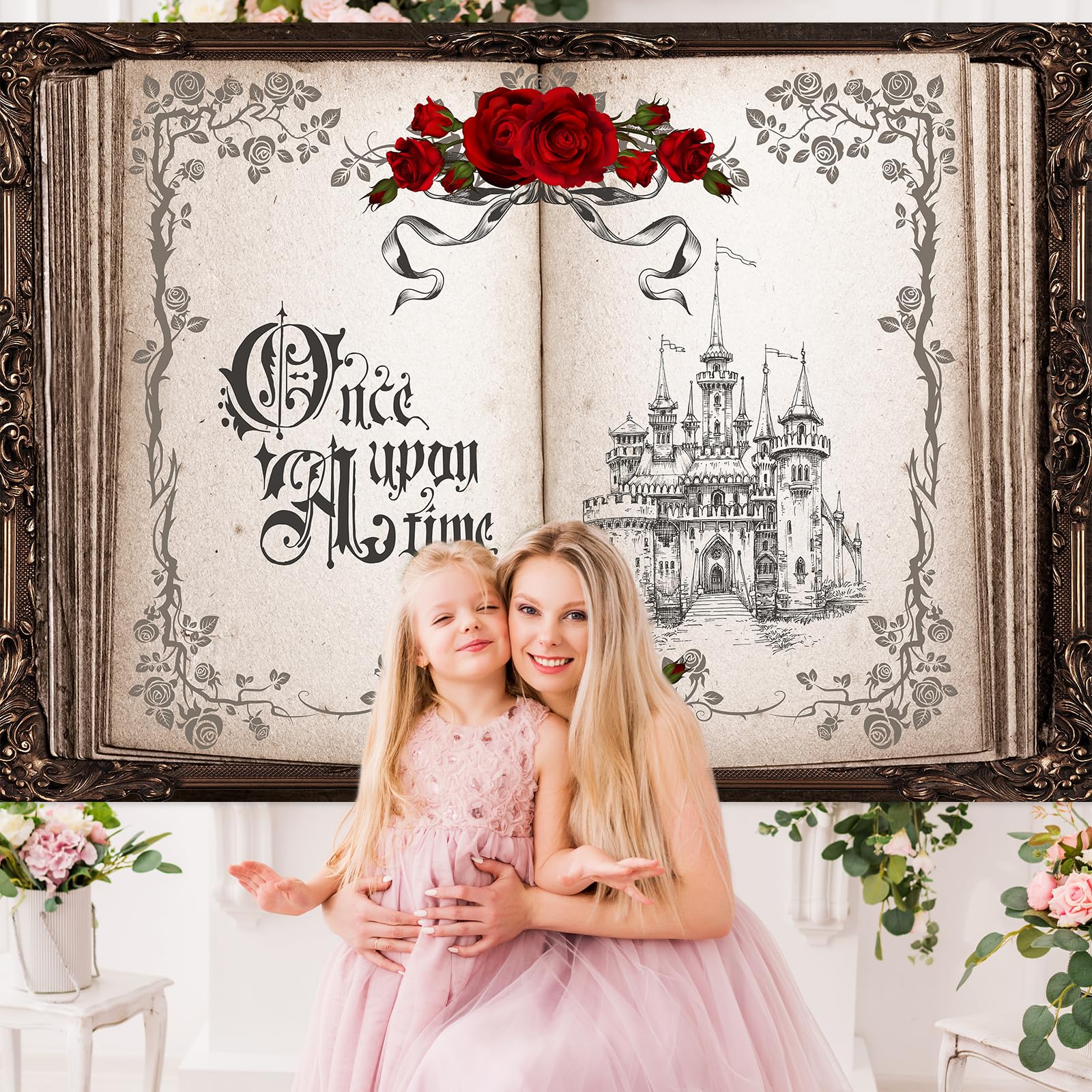Mocsicka Once Upon a Time Backdrop Princess Castle Wedding Party Background Fairytale Book Red Roses Bridal Shower Party Cake Table Decoration Photo Booth Props (7x5ft)
