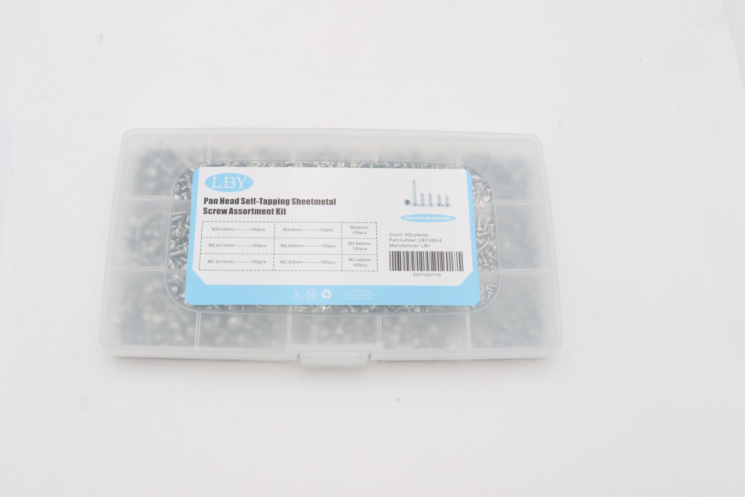 LBY 900pcs M2.3 M2.6 M3 Pan Head Self-Tapping Sheetmetal Screw Assortment Kit, Carbon Steel, Zinc-Plated
