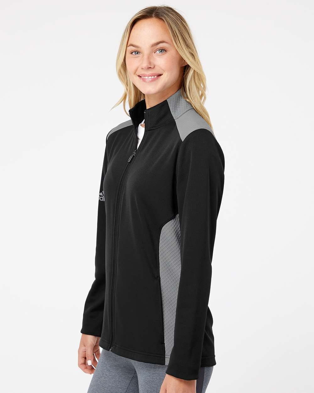 adidas Womens Textured Mixed Media Full-Zip Jacket, 2XL, Grey Three/White