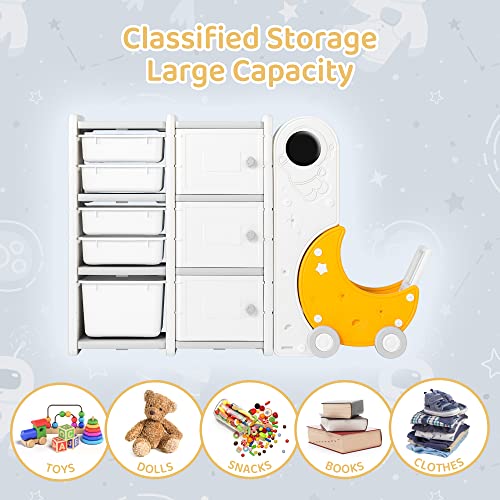 duke baby Kids 3 Layer Toy Storage Organizer with 5 Storage Bins, 3 Toy Cabinets with Doors, Display Bookshelves and Toy Cart for Kids Playroom Bedrooms Age 1-12, Space Collection Medium