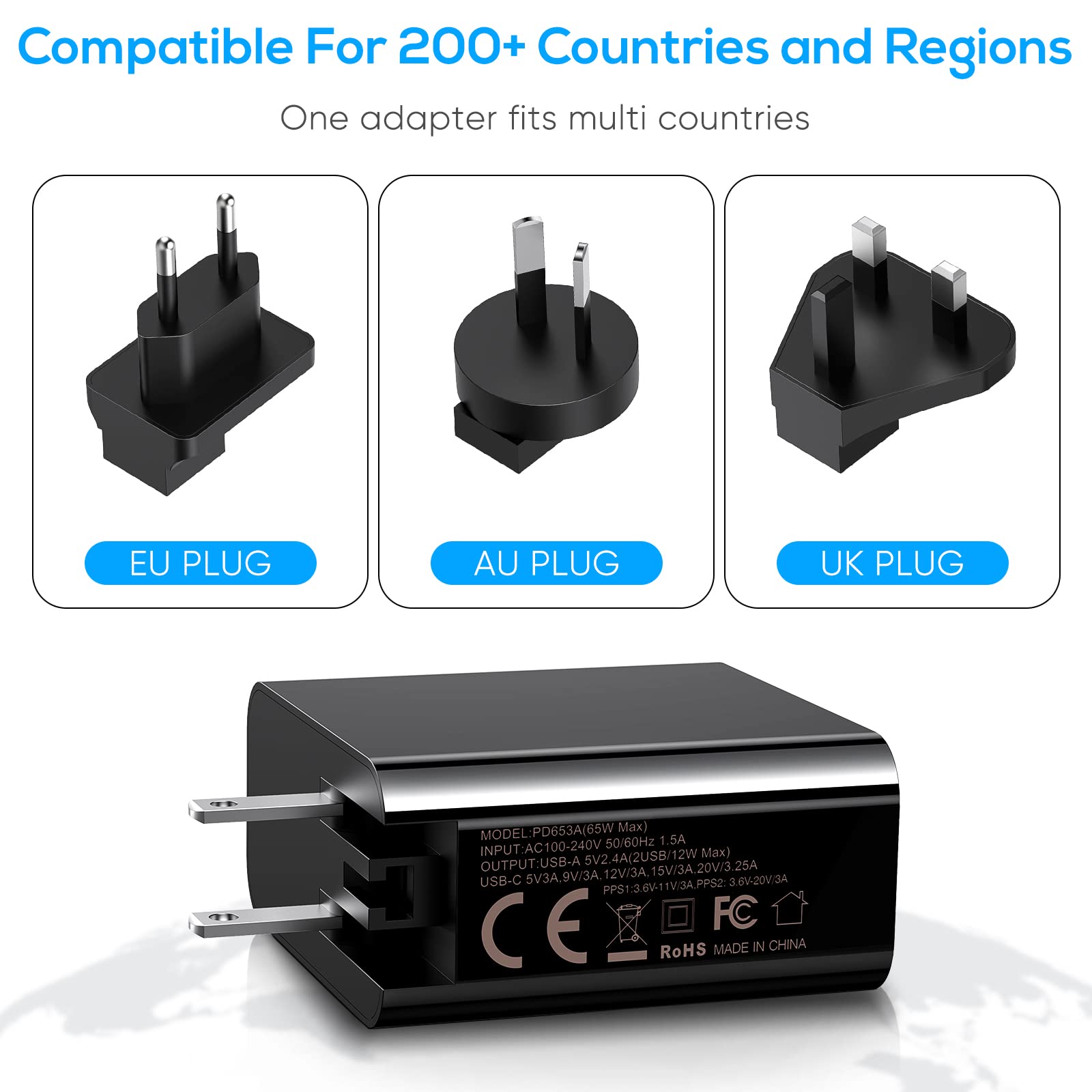 65W USB C Charger for Steam Deck,MENEEA Foldable Power Adapter 3 Port Fast Wall Charger & 6.6ft USB C Charging Cable Cord & US/UK/EU/AU Plug for Travel, Accessories for Steam Deck/Phone/Tablet/Laptop