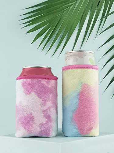 BAGnoREGio 4-Pack Tie Dye Faux Fur Neoprene 12oz Beer Can Cooler Sleeves, Fuzzy Plush Velvet Soda Can Koozies (Rainbow Multi color)