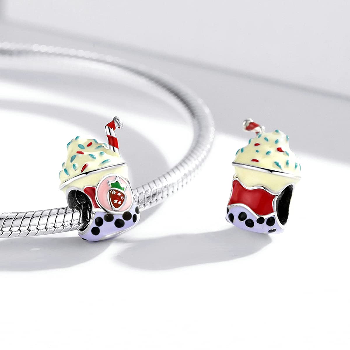925 Sterling Silver Pop Can Charm Milk Box Charm Ice Cream Charm Cake Charn Biscuit Charm Coffee Charm Cup Charm for Pandora Charm Bracelet (Ice Cream)