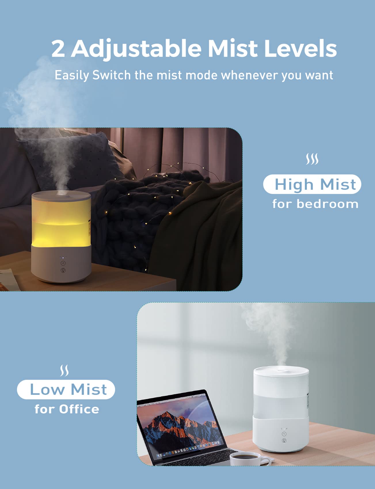 Cool Mist Humidifier, 2-in-1 Essential Oil Diffuser for Baby Kids Nursery, 2.5L Top Fill Humidifier with 7-Color Night Lights for Bedroom Office, Humidifier with Adjustable Mist Mode, Auto Shut Off