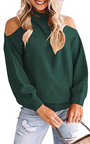 Angashion Women's Sweaters Casual Off Shoulder Tops Crossed V- Neck Long Sleeve Crop Halter Pullover Dark Green Medium