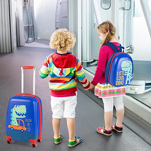 Olakids Kids Luggage Set, 12ββ Travel Backpack and 18ββ Carry on Suitcase with Rolling Spinner Wheels for Children Boys Girls, 2 Pcs Trolley Case Gift for Toddlers (Blue Dinosaur)
