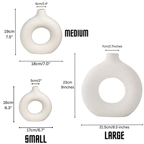 Ceramic Hollow Donut Vase Set of 3 for Pampas Grass | Neutral Modern Home Decor, Small Boho Minimalist Round White | Japandi Clay Beige Decorative for Bedroom, Living, Wedding, Office, Coffee Table
