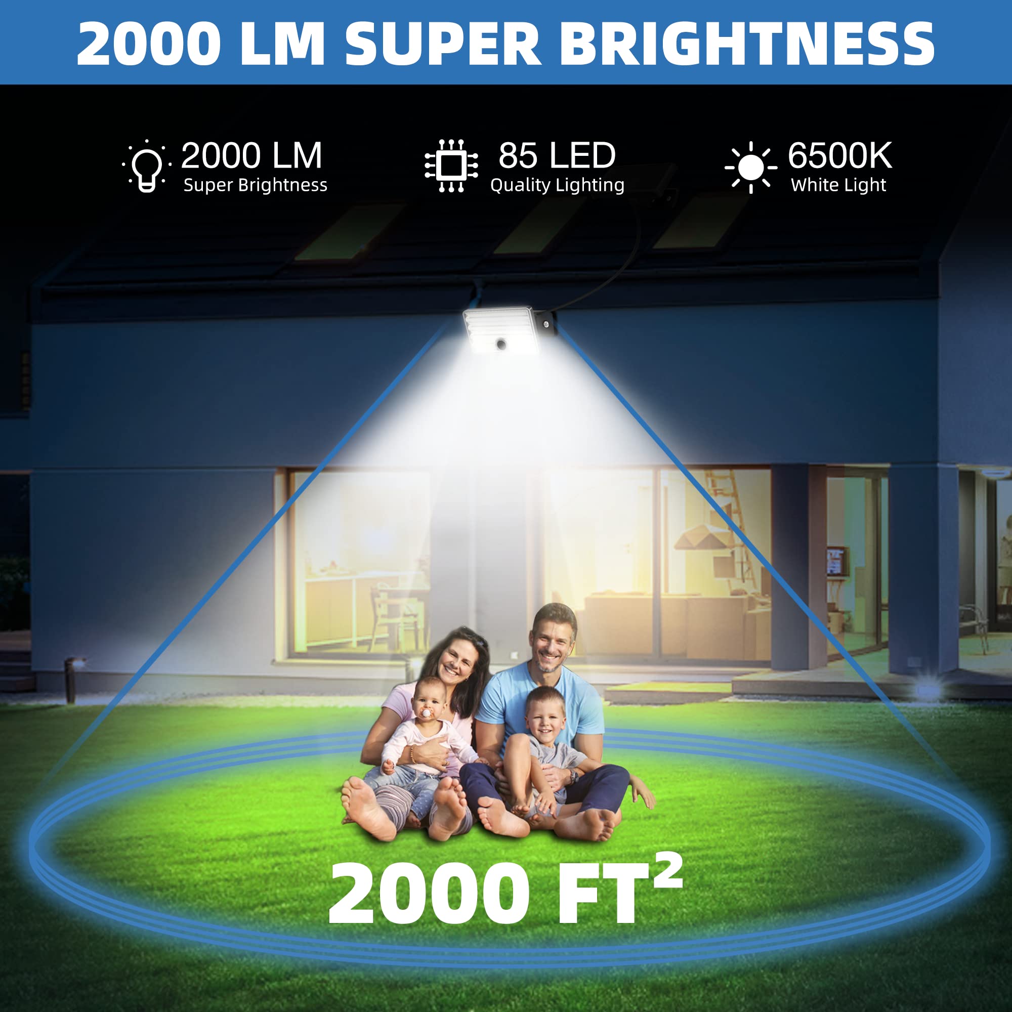 BARHELY Solar Lights Outdoor, 2000LM Security Flood Light Motion Sensor with 3 Modes 10 Ft Cable 180° Adjustable Heads IP65 Waterproof Wall Light for Garage, Patio, Garden(2 Pack)