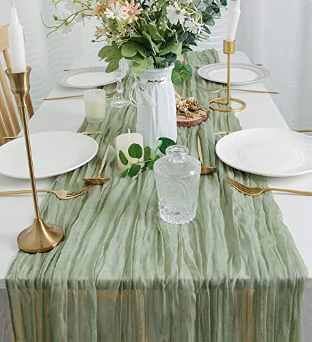 FEXIA Sage Green Cheesecloth Table Runner 35x120 Inches for Baby Shower Decoration Gauze Rustic Table Runner for Wedding Party First Communion Centerpiece Engagement Bridal Shower Boho Decoration