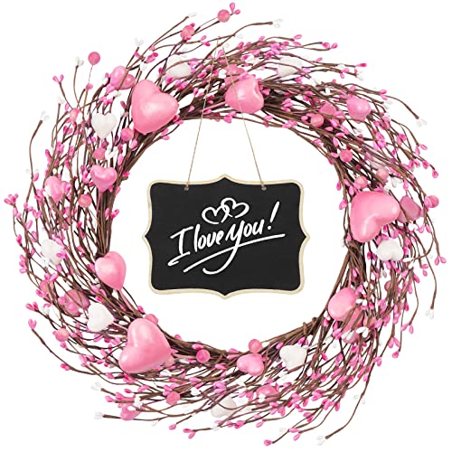 Artflower Pink Pip Berry Wreath Heart Shaped Artificial Decoration Rustic Twig Fake Garland Handmade Festival Gifts for Valentine's Day Wedding Garden Door Wall Hanging Home Indoor Office Decor