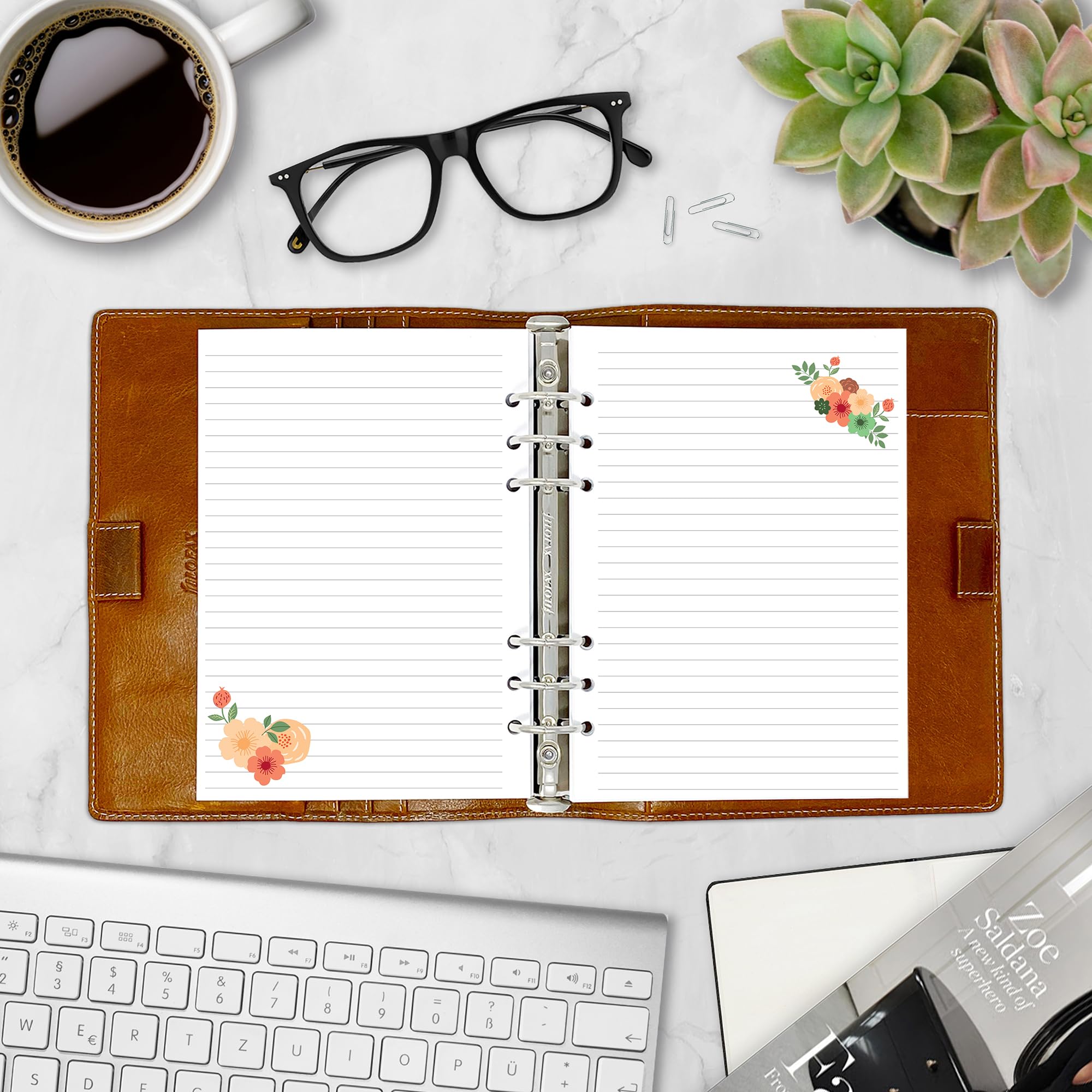 A5 Lined Flower Planner Insert Refill, Wide or College Ruled, 5.83″ x 8.27″, Fits 6-Rings Binders - Filofax, LV GM, Moterm, Choice of Quantity