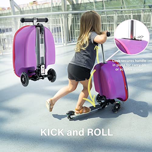KIDDIETOTES 3-D Hardshell Ride On Suitcase Scooter for Kids - Cute Lightweight Kids Luggage with Wheels - Fun LED Lights
