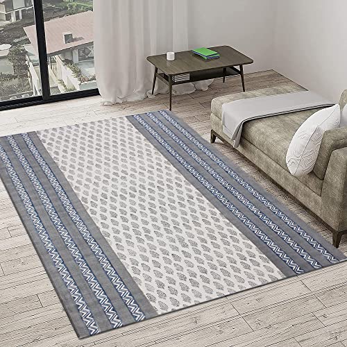 Casavani Hand Block Printed Cotton Dhurrie Striped Tassel Rug Boho Area Rug Easy Care Washable Rugs for Doormat Entryway Living Room Bedroom Hallway Balcony 6x6 Feet Square