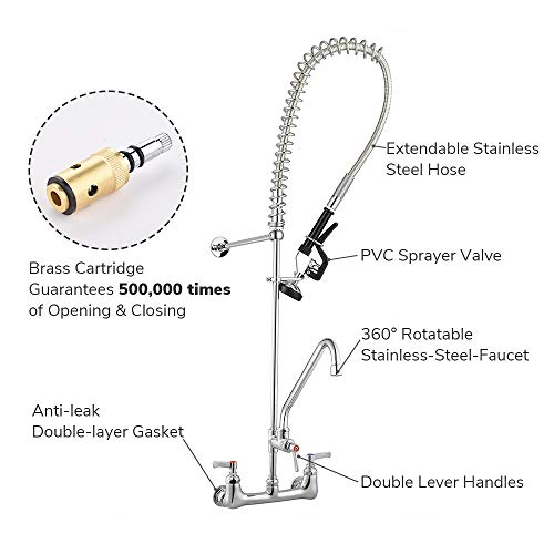 Aquaterior 44" Height Wall Mount Commercial Kitchen Pre Rinse Faucet Restaurant Sink Sprayer Faucets with Add-on Riser 12Inch Rotatable Spout CUPC NSF CEC