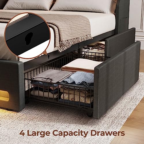 Rolanstar Queen Bed Frame with 4 Storage Drawers, Charging Station and LED Lights, Upholstered Platform Bed with Heavy Duty Wooden Slats, No Box Spring Needed, Noise Free, Easy Assembly, Dark Gray