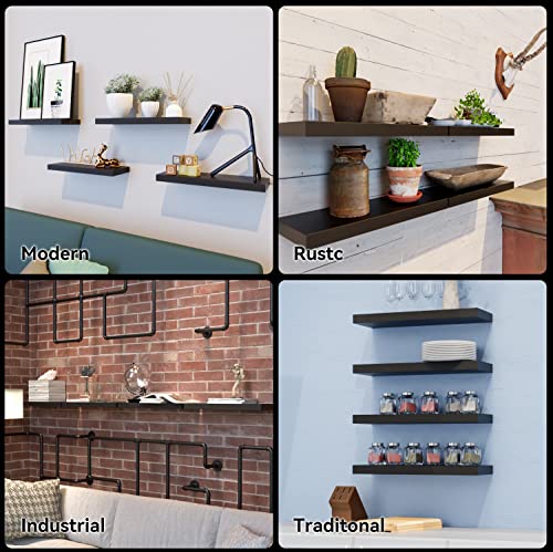 Boswillon 4 Sets Black Floating Shelves with Invisible Brackets,Modern Shelf for Bedroom,Bathroom, Kitchen Wall Decor – Black