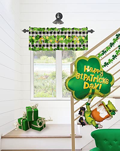 Curtain Valance for Windows St. Patrick's Day Clover Leaf Horseshoe Gold Kitchen Valances Rod Pocket Short Curtains,Black White Plaid Window Treatment Panel for Living Room Bathroom Bedroom 60x18in