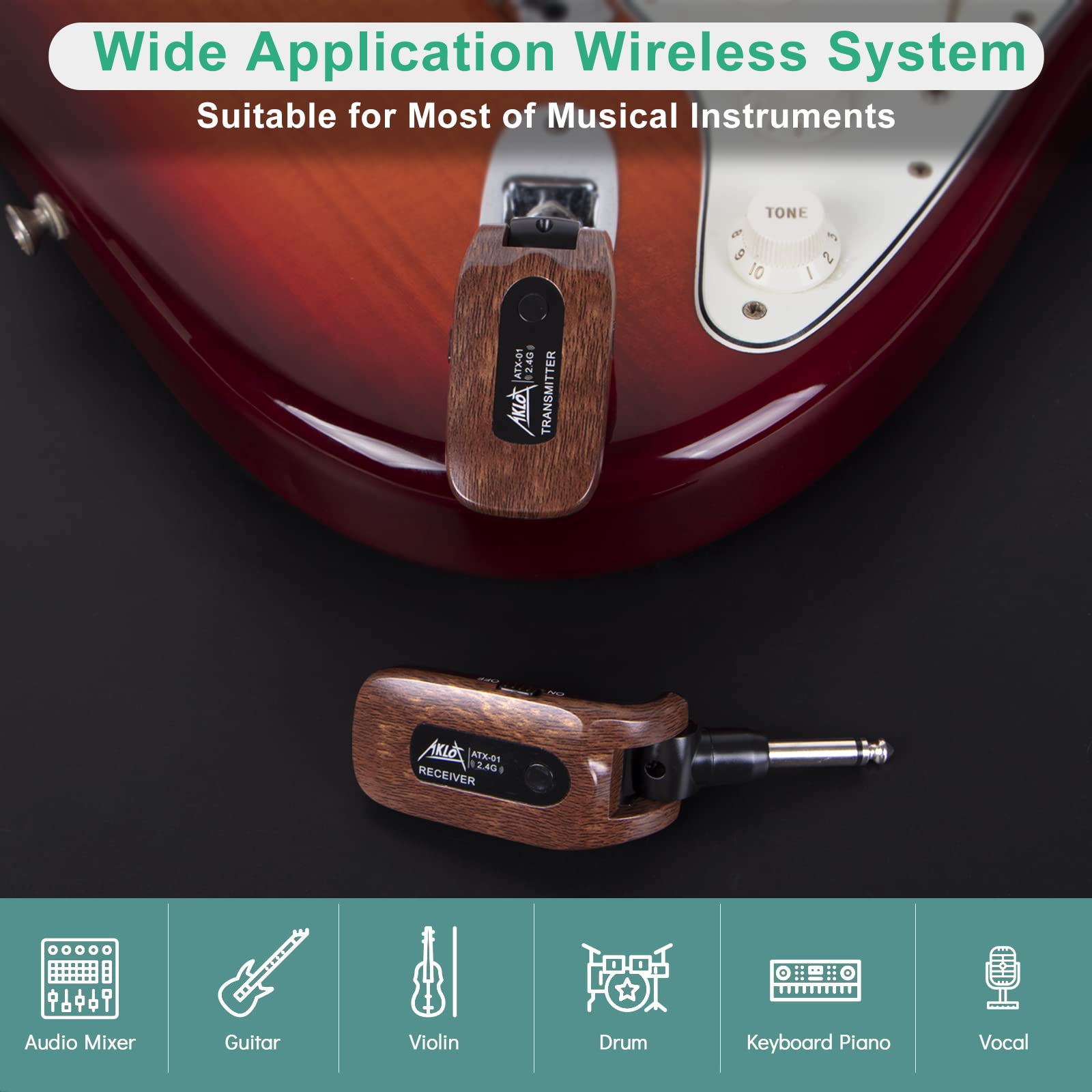 AKLOT Wireless Guitar System Transmitter Receiver Set 2.4GHz Built-in Rechargeable Lithium Battery Digital for Electric Guitar Bass