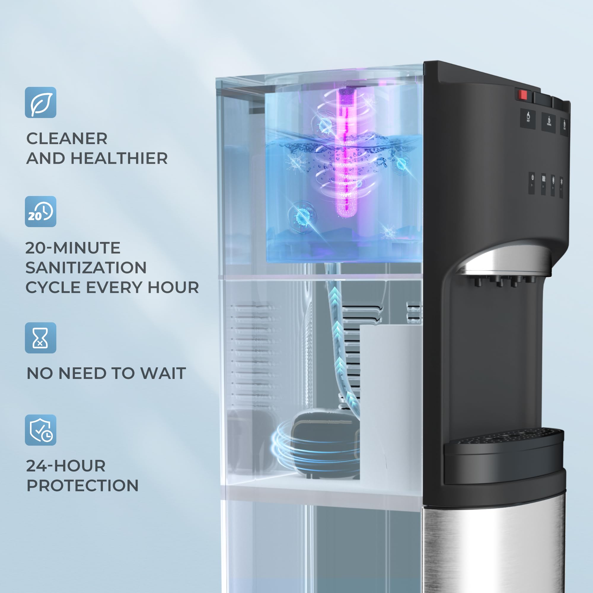 Euhomy Self Cleaning Bottom Loading Water Cooler Dispenser, with UV Lights Stainless Steel Water Cooler for Home, Office, Living Room, 3 Or 5 Gallon Bottle,Black