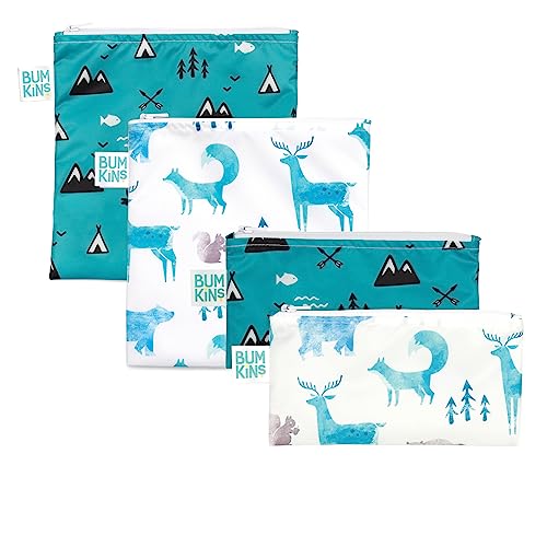 Bumkins Reusable Sandwich and Snack Bags, for Kids Lunch Bags and for Adults, Washable Fabric, Cloth Zip Bag, Dishwasher-Safe, Food-Safe, Safety Tested (4-Pack)