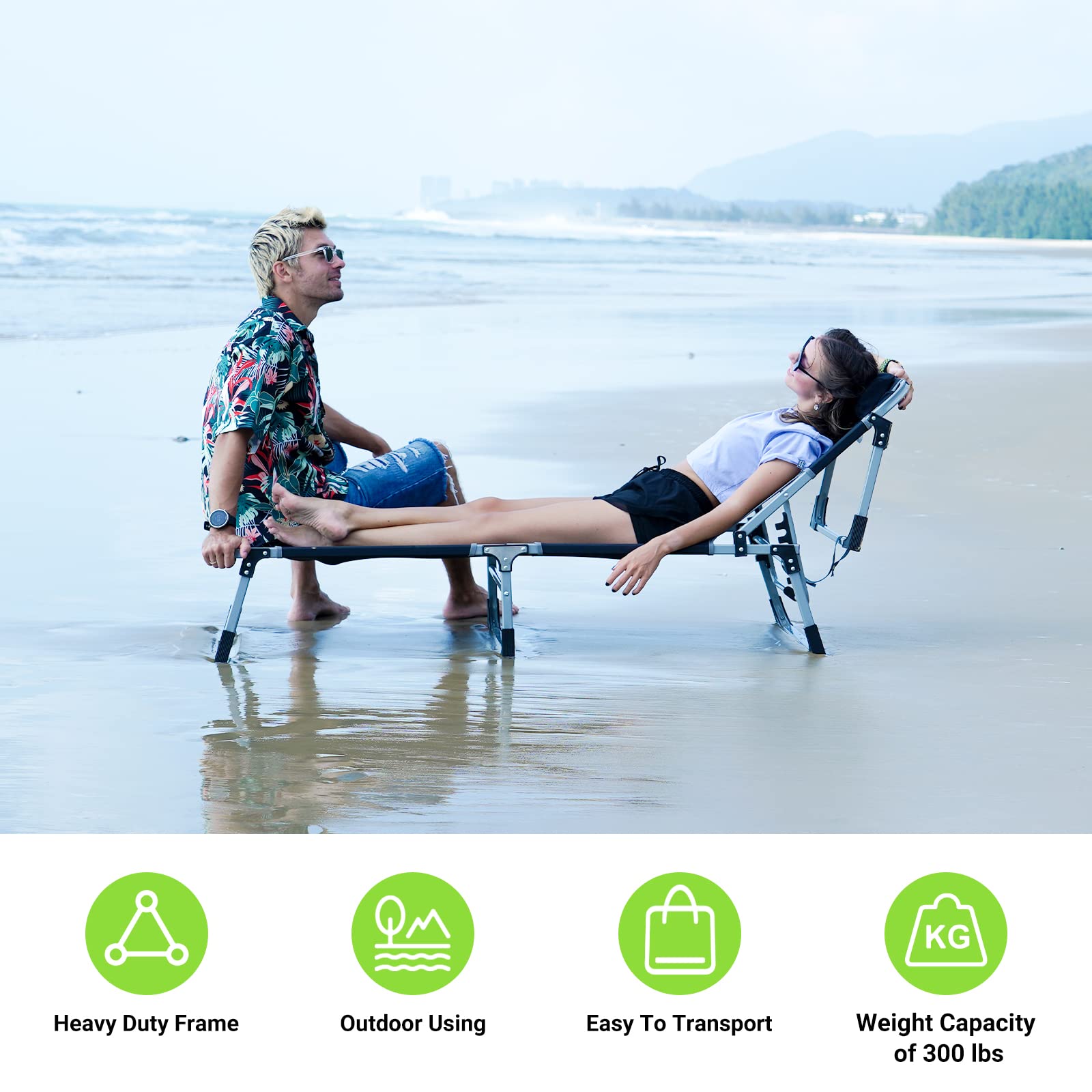 FUNDANGO Widen Lounge Chair for Adults, Adjustable 4-Position Reclining Folding Chaise Lounge Chair with Pillow for Camping, Outdoor, Beach, Pool, Patio, 2 Pack