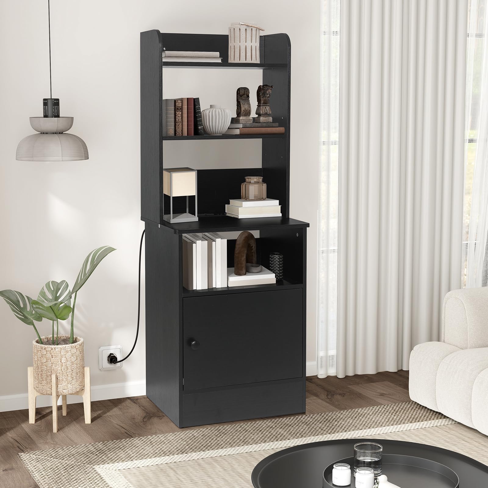 ARTETHYS Tall Nightstand Set of 2 with Charging Station and LED Light 47" Black Night Stand with Storage and Adjustable Bookshelf for Bedroom, Home Office