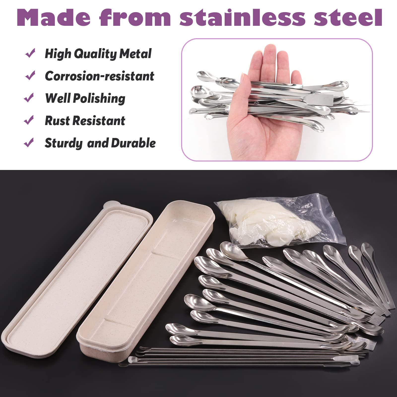 Swpeet 74Pcs Stainless Steel Micro Lab Scoop Spoon Lab Spatulas with 3ML Plastic Transfer Pipettes Kit, Pill Filler Tamper Tool Micro Spatula Steel Spoon Reagent Mixing Spatula Long Sampling Spoon